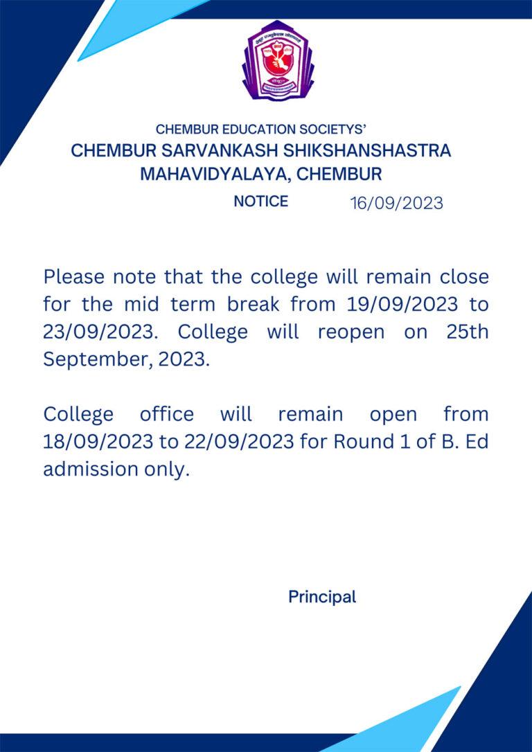 Mid Term Break Notice - Chembur Sarvankash Shikshan Shastra Mahavidyalaya